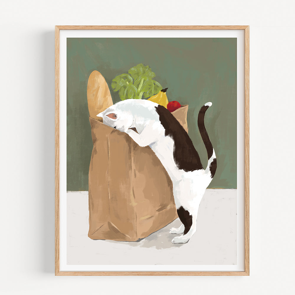Snooping Cat in Grocery Bag Art Print – Kat French Design